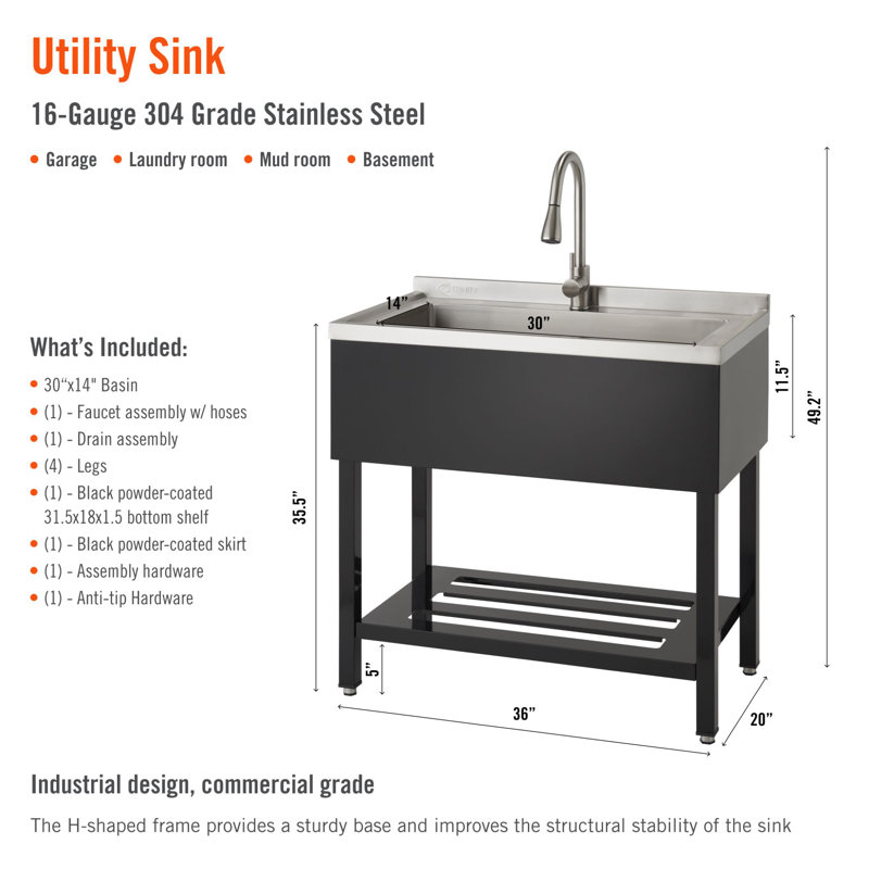 TRINITY 36 in. W x20 in. D Freestanding Utility Sink in Stainless Steel and Black w/ Pull-Out ...